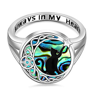 Cat Engagement Ring Sterling Silver Black Cat on Celtic Knot Moon Matching Thumb Couple Rings for Women Abalone Cute Animal Jewelry Halloween Christmas Gifts Size 9