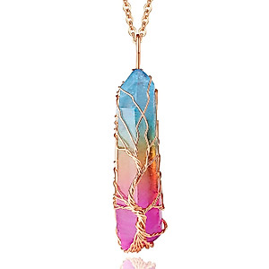 MAIBAOTA Chakra Necklace Life Tree Necklaces for Women Rainbow Necklace Natural Crystal Necklace Rold Plated Wire Wrapped Stone Pendant Necklace