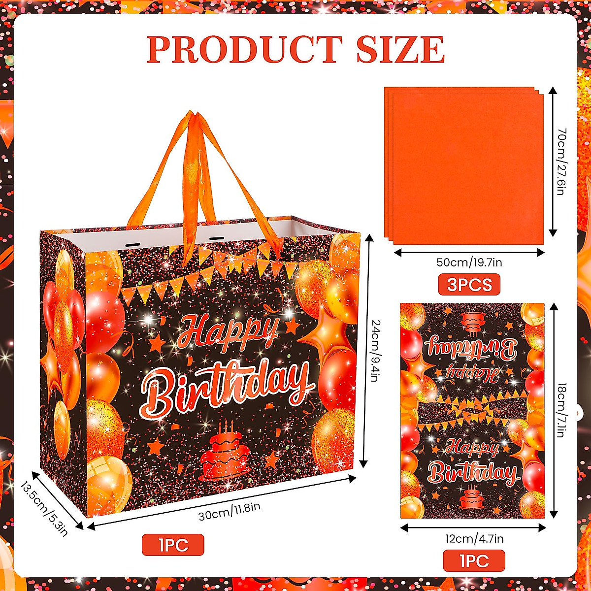 Large Happy Birthday Gift Bags Orange Birthday Gift Bag with Handle and Tissue Paper Card Birthday Gift Bags for Kids Adults Birthday Party Bags Birthday Candy Bags Treat Bags Orange Birthday Suppy
