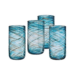 Mikasa Color Swirl Highball Glass Tumbler Cups, Set of 4, Blue