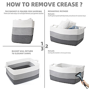 ZLG Big Toy Storage Bin Grey Rectangle Basket 72L Square Laundry Basket Rope Living Room Blanket Basket Pillow Basket for Bedroom Nursery Storage Bin with Handles, 22 x 17 x 12 inches