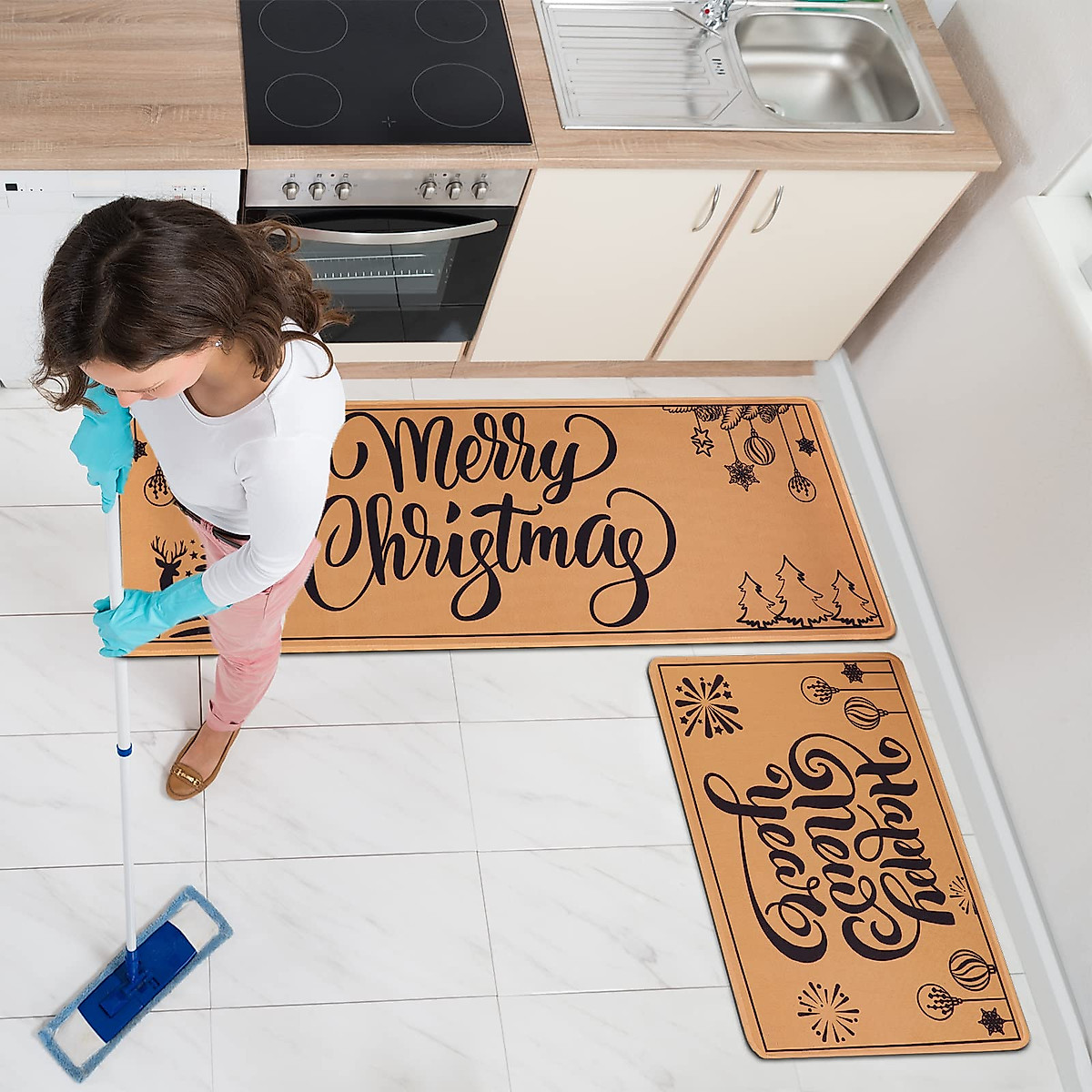 chiazllta Merry Christmas Kitchen Rugs Set of 2, Xmas Tree Reindeer Floor Rugs and Mats Happy New Year Christmas Decorations for Home Kitchen,15.7 x 23.6 and 15.7 x 47 inch