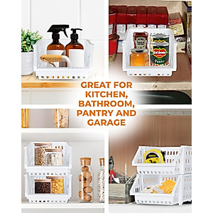 Skywin Plastic Stackable Storage Bins for Pantry - 4-Pack Small Open Front Storage Bins For Toy Organizers and Storage Bins For Pantry, Kitchen, and Bathroom Essentials (White)