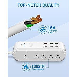 PD 40W USB C Power Strip Surge Protector, 10 Outlets and 6 USB Ports, Flat Plug Desktop USB C Super Fast Charging Station QC 18W Power Bar with 6ft Extension Cord for Home/Office, 1875W/15A, 4500J