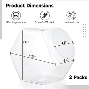 129oz Plastic Candy Jars, 2 Packs Hexagon Cookie jars with Snap-On Lid, Clear Candy Containers for Kitchen Counter, Plastic Canisters for Snacks, Flour, Pet Treats