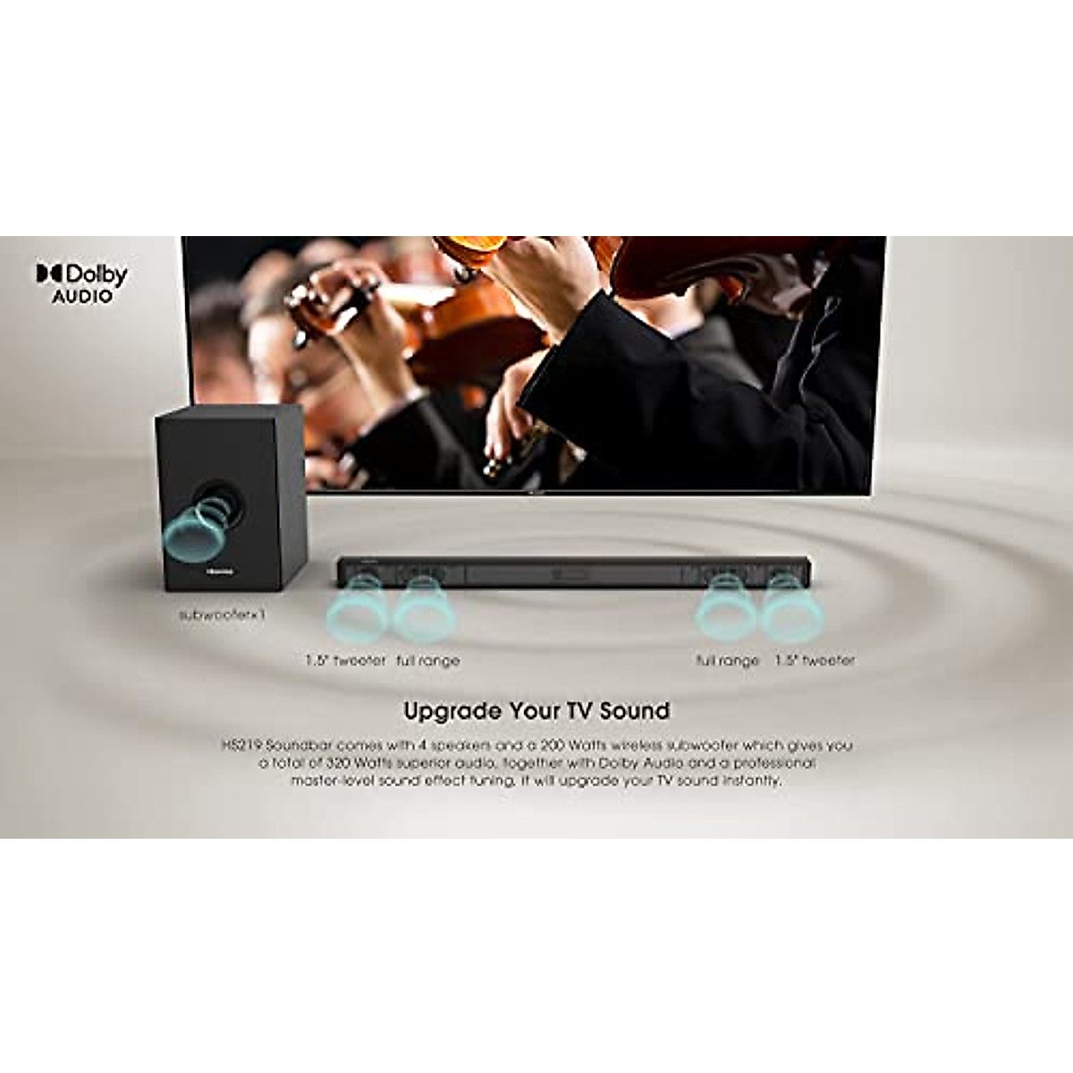 Hisense HS219 2.1ch Sound Bar with Wireless Subwoofer, 320W, Powered by Dolby Audio, One Remote Control, Roku TV Ready, Bluetooth, HDMI ARC/Optical/AUX/USB, 3 EQ Modes