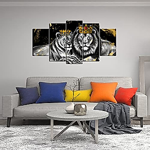 OuElegent 5 Piece Lion and Lioness Pictures Wall Decor King and Queen with Golden Crown Canvas Painting African Animal Poster Artwork for Living Room Bedroom Framed Ready to Hang