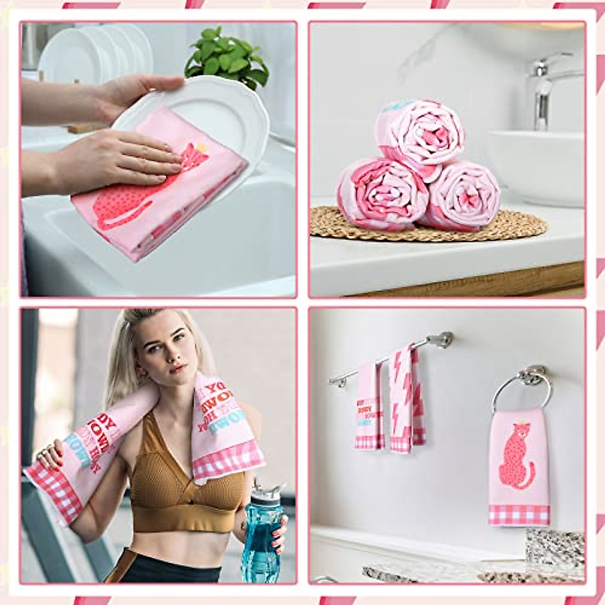 Oudain Set of 4 Pink Kitchen Towels Preppy Howdy Microfiber Dish Towels 16 x 24 Inch Smile Face Leopard Lightning Howdy Pink Decorative Hand Tea for Face Kitchen Bathroom College Dorm