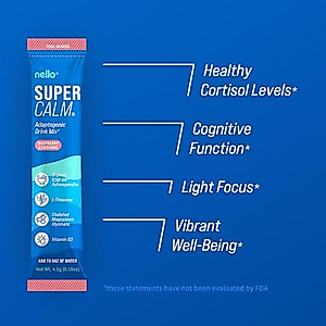 Nello Supercalm Powdered Drink Mix, Raspberry Lemonade, L Theanine, Ksm-66 Ashwagandha, Magnesium Glycinate, Vitamin D 3, Supplements for Relaxation & Focus, No Sugar, Non GMO, Vegan, On The Go, 20 Ct