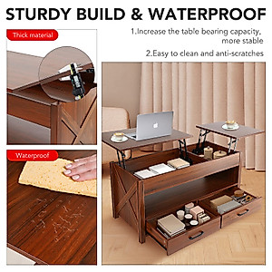 CLATINA Lift Top Coffee Table with Drawers and Hidden Compartment, 43.3'' Retro Center Coffee Table for Living Room, Farmhouse Coffee Table with Wooden Lift Tabletop, Espresso