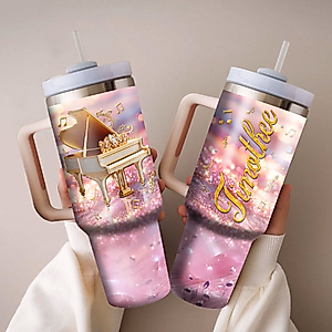 WAZONE Personalized Piano Tumbler With Name Tumbler 40oz with Handle and Straw Stainless Steel Double Wall Vacuum Customized Christmas Birthday Gifts for Music Lovers Teachers Pianist