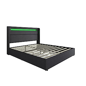 LUXOAK Full LED Bed Frame with Wingback Headboard & 4 Storage Drawers, Upholstered Platform Bed with USB & USB-C Ports, App/Remote Control, Box Spring Optional, Dark Grey…