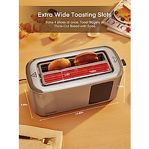 4 Slice Toaster Touch Screen Control, Long Extra Wide Slots Smart Bread Toaster, 6 Bread Types & 6 Shade Settings, Stainless Steel Toaster, with Removable Tray, Cancel/Defrost/Reheat Function, Sliver