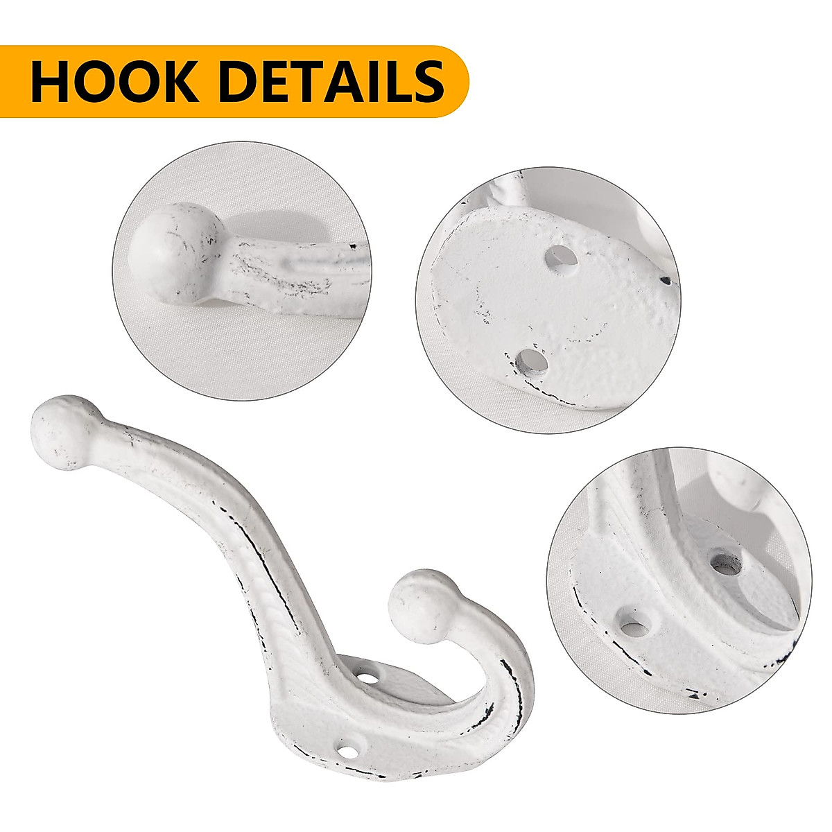 rumdraw Vintage Wall Mount Iron Hooks (Distressed White, Set of 5) for Coats ，Towels，Bags， Hats