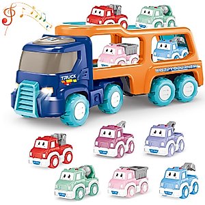 QXTTS Toddler Trucks Toys for 1 2 3 Year Old Boy Girl, with Sound and Light 7 in 1 Transport Vehicles Toy Set with 6 Different Small Toy Car, Gifts for Toddlers Age 1-3