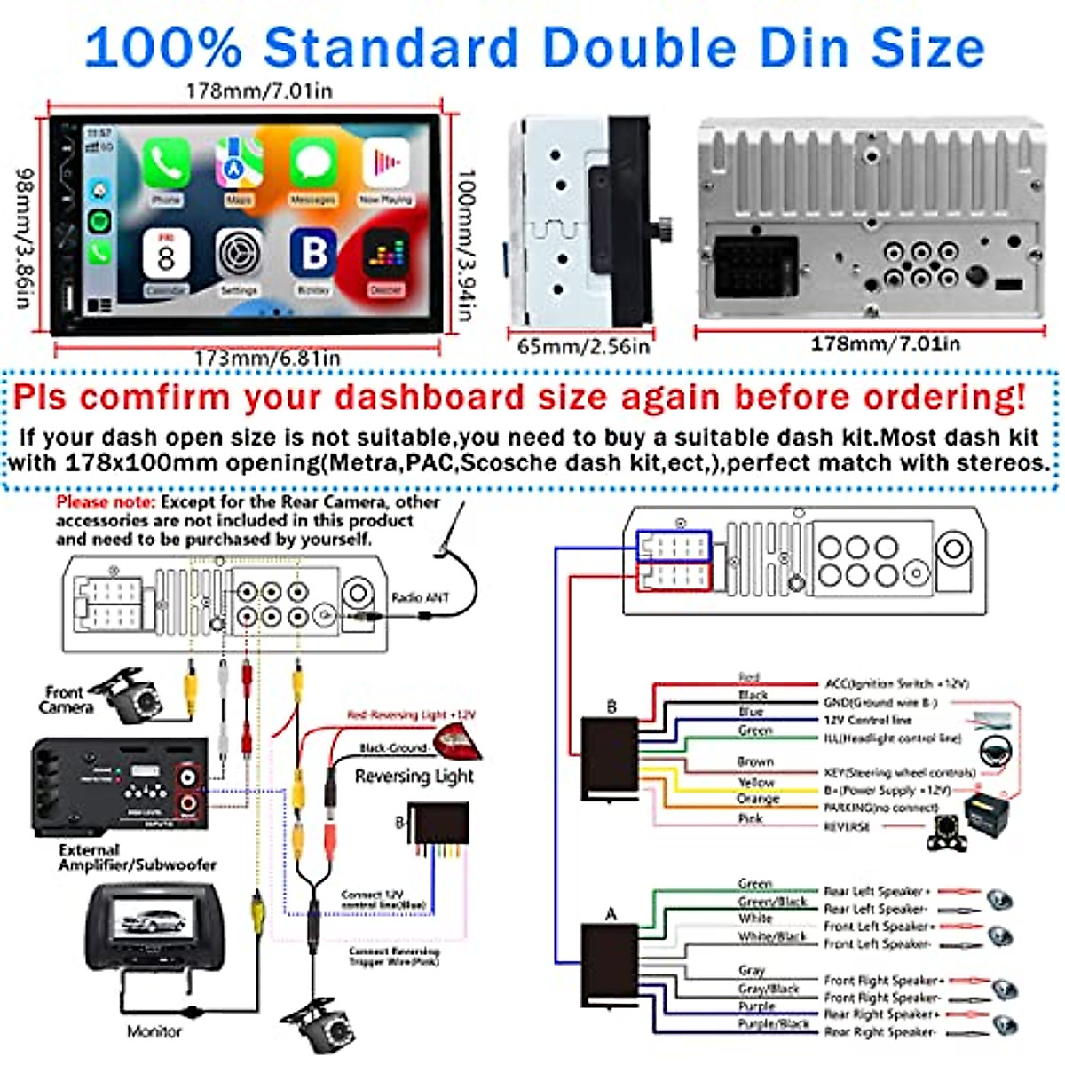 Double Din Car Stereo with Wireless Carplay,Wireless Android Auto,7 inch Touch Screen Radio with Backup Camera,Bluetooth Car Audio Receiver,Mirror Link,SWC,FM/USB/AUX/Subwoofer