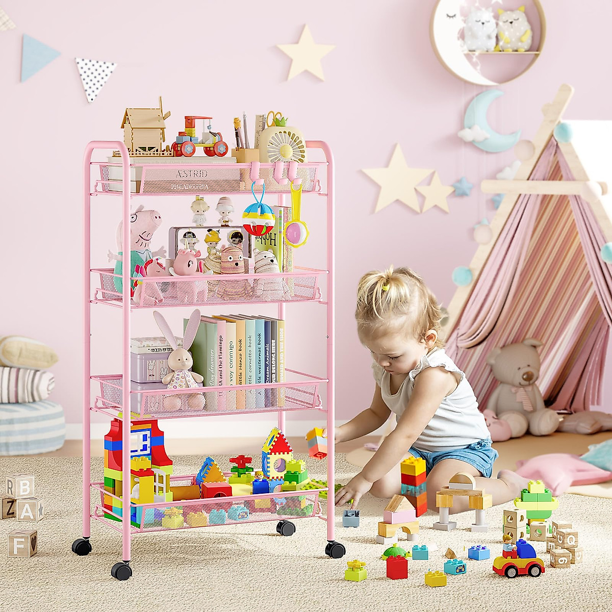 TOOLF 4-Tier Rolling Cart, Metal Utility Cart with 3 Hooks, Easy Assemble Mobile Storage Trolley On Wheels, Slide Out Shelving Units Kitchen Bathroom Laundry Room