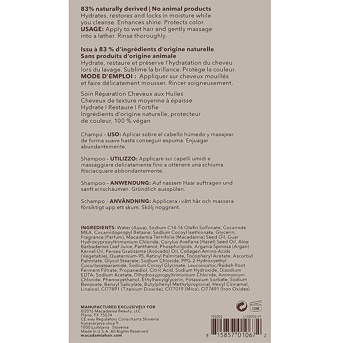 Nourishing Repair Shampoo 33.8oz Macadamia Professional Macadamia Oil and Argan Oil for Hydration, Shine, and Color Protection