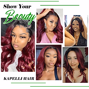 Kapelli Hair 10A Ombre Brazilian Hair Body Wave (T1B/99J,16" 18" 20") Ombre Human Hair 3 Bundles Ombre Brazilian Human Hair Virgin Remy Hair Bundles 2 Tone Black to Burgundy Human Hair Weave