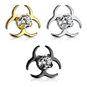Disenchanted Jewelry Clear CZ Centered Biohazard Symbol Internally Threaded 316L Surgical Steel Dermal Top (14GA (1.6mm) 6.5mm Black/Clear)