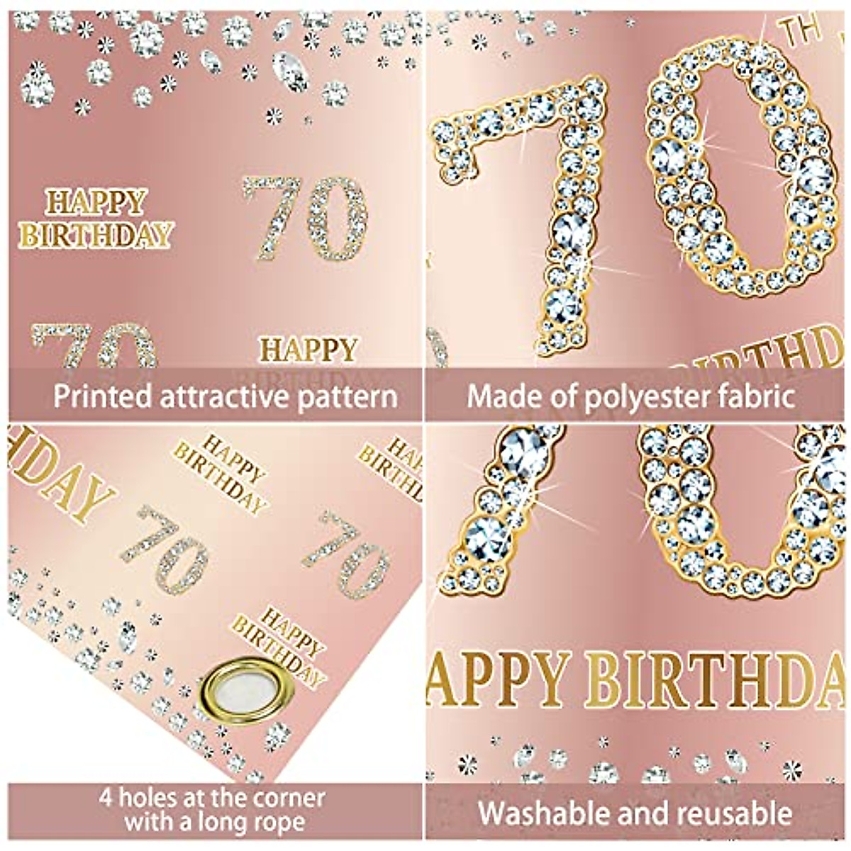 Happy 70th Birthday Banner Decorations for Women, Pink Rose Gold 70 Birthday Backdrop Sign Party Supplies, Large 70 Year Old Birthday Photo Booth Props Background for Outdoor Indoor