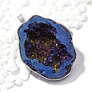 CXD-GEM Natural Agate Titanium Coated Crystal Geode Druzy Gemstone Pendant Hand-wrapped Pendant for Jewelry(Blue)