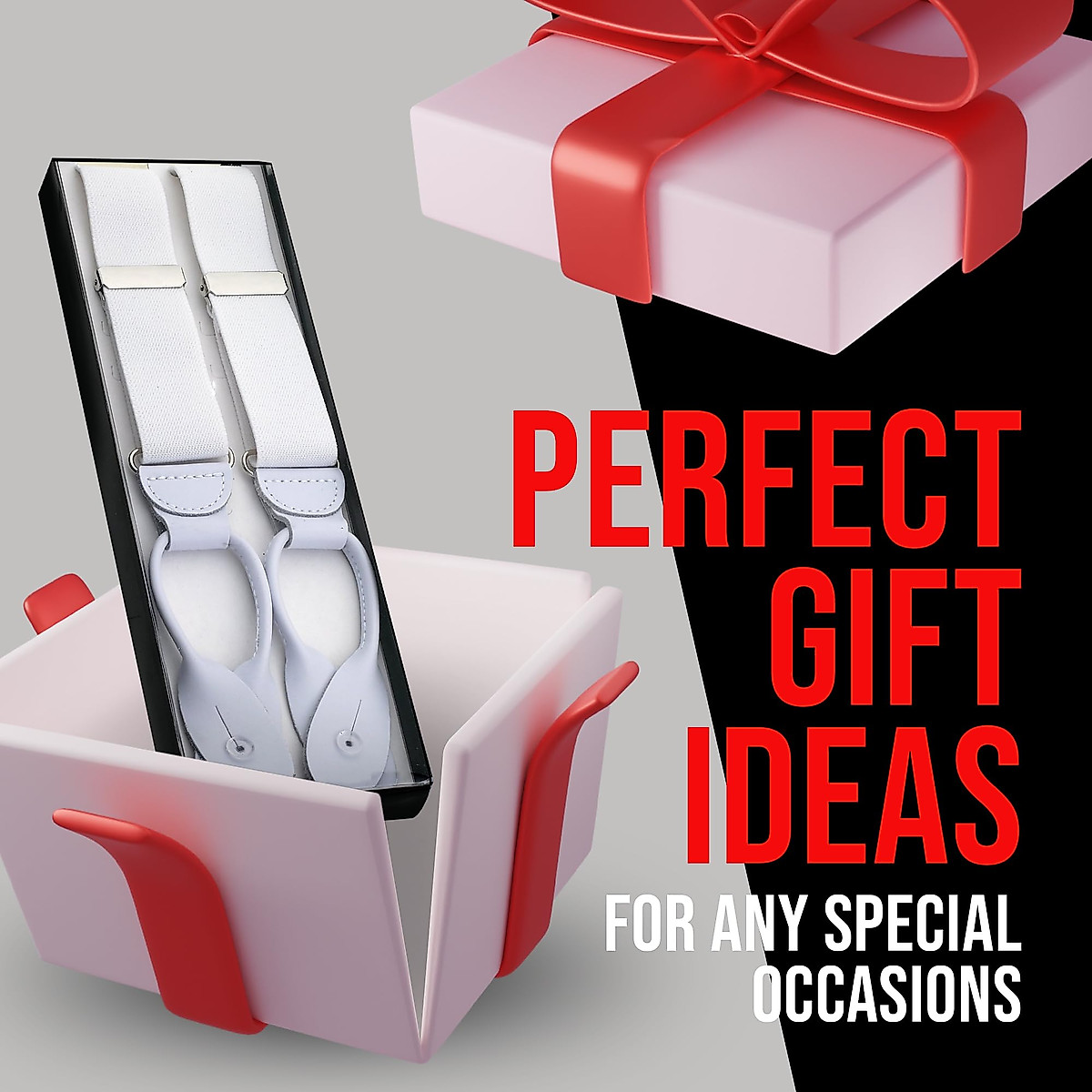 HOLD'EM Tuxedo Suspenders for Men Black Genuine Leather Button End 1.25 Inches Mens Braces Suspenders- White (Regular 46" Long)