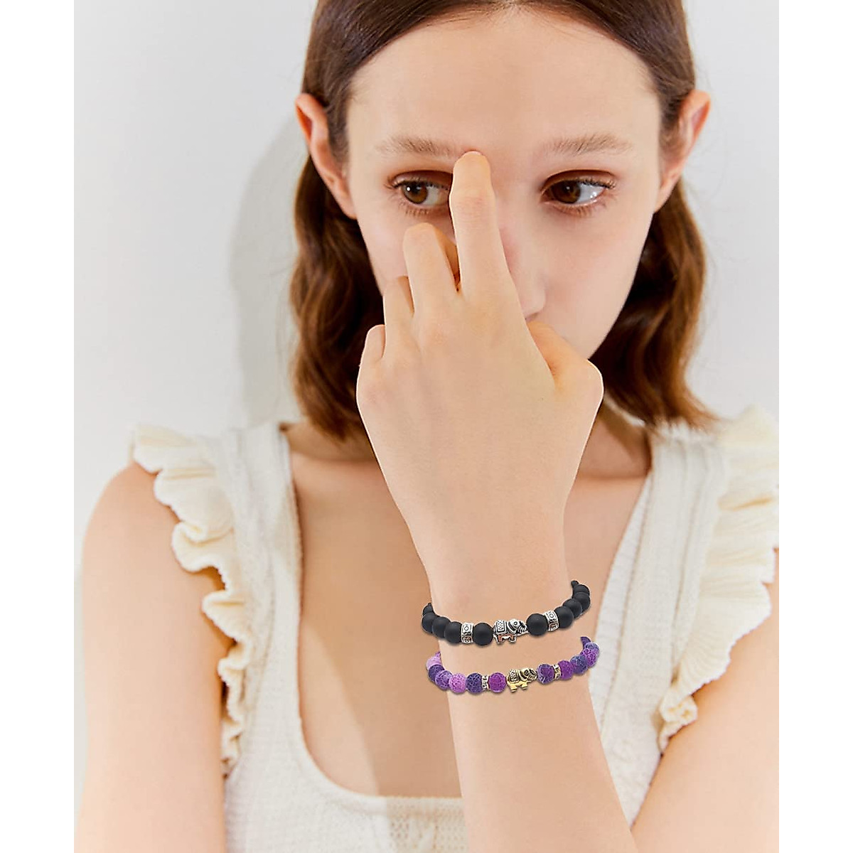 SAMOCO 10PCS 8MM Chakra Bead Bracelet Elephant Gifts for Women Men Handmade Gemstone Bracelets Stretch Bracelet Crystal Lava Rock Reiki Yoga Balancing Bracelets