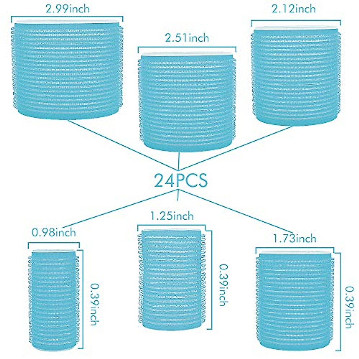 Hair Rollers Jumbo Size sets Self Grip Salon Hair Curlers Large Hair Rollers 3 Inch 6 Size 24 Pack Blue