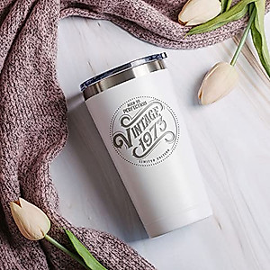 Sodilly Coffee Tumbler - Vintage 1973 Design - Ideal for 50th Birthday Celebrations - 50th Birthday Cups for Women - Vintage Tumbler - 50 Fabulous - Insulated Stainless Steel Tumbler - 16 oz White