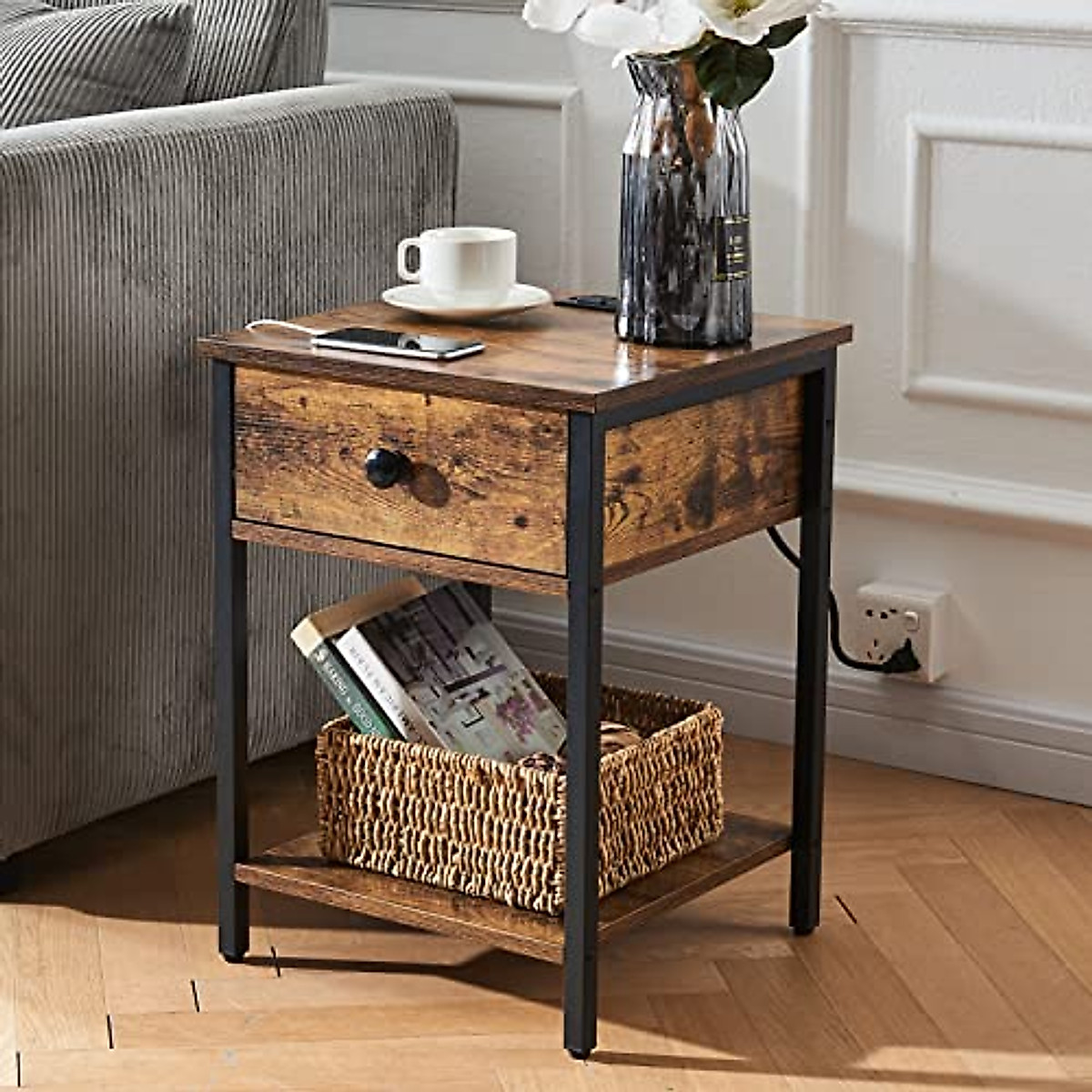 SUPERJARE Nightstand with Charging Station and USB Ports, Side Table End Table with Drawer, Open Storage Shelf and Steel Frame, Bedside Table for Small Spaces, Rustic Brown