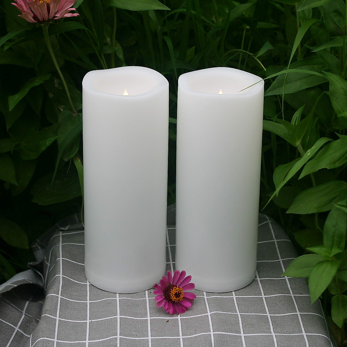 Outdoor Waterproof Large Flameless LED Candles with Remote Timer Battery Operated Plastic Big Pillar Candles for Garden Patio Home Wedding Party Decorations Flickering Electric Lights 4”x8” 2 Pack