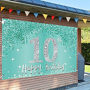 Teal Silver 10th Birthday Banner Decorations for Girls, Breakfast Blue Happy 10th Birthday Backdrop Party Supplies, Ten Year Old Birthday Poster Background Photo Booth Props Decor