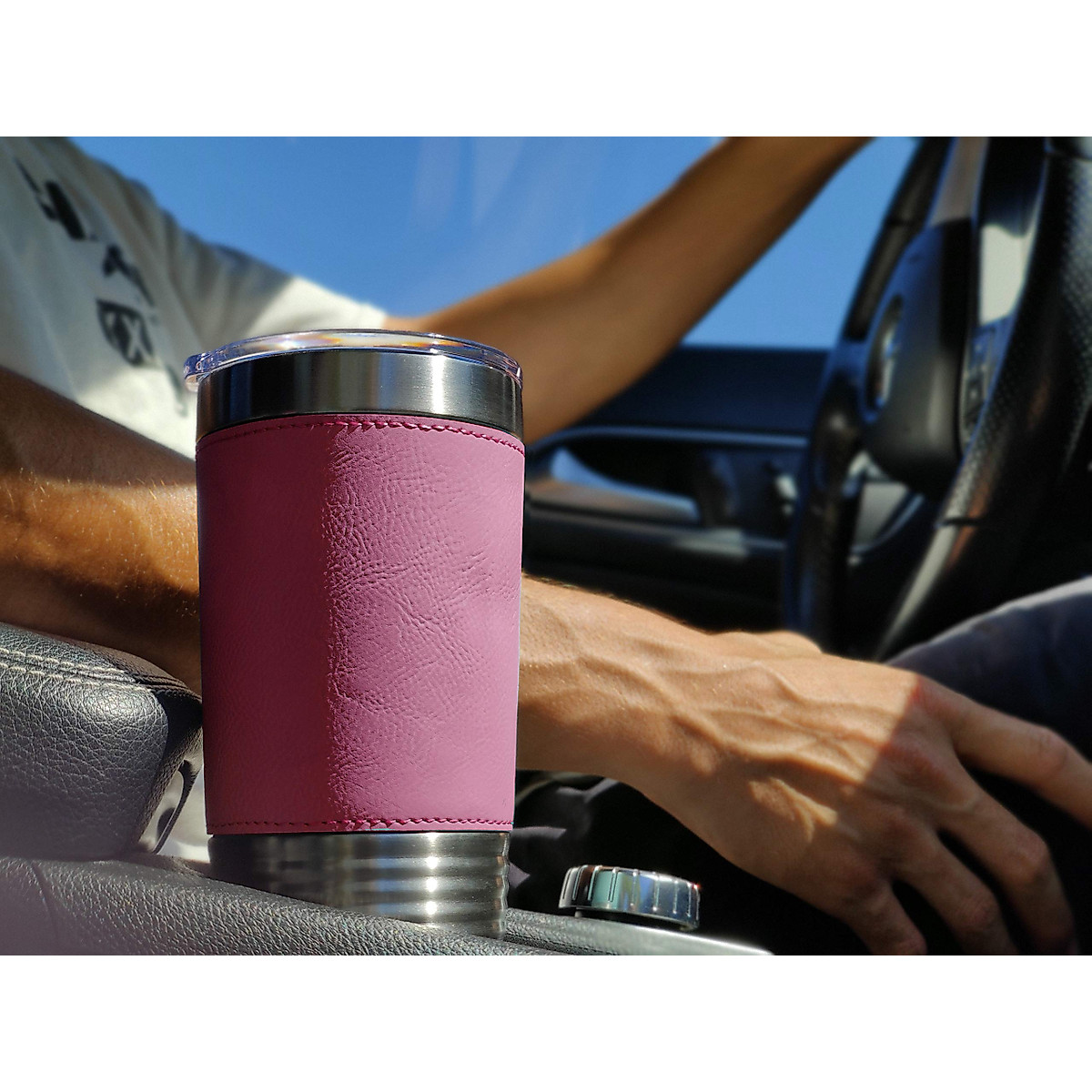 LaserGram 20oz Vacuum Insulated Tumbler Mug, Swan, Personalized Engraving Included (Faux Leather, Pink)