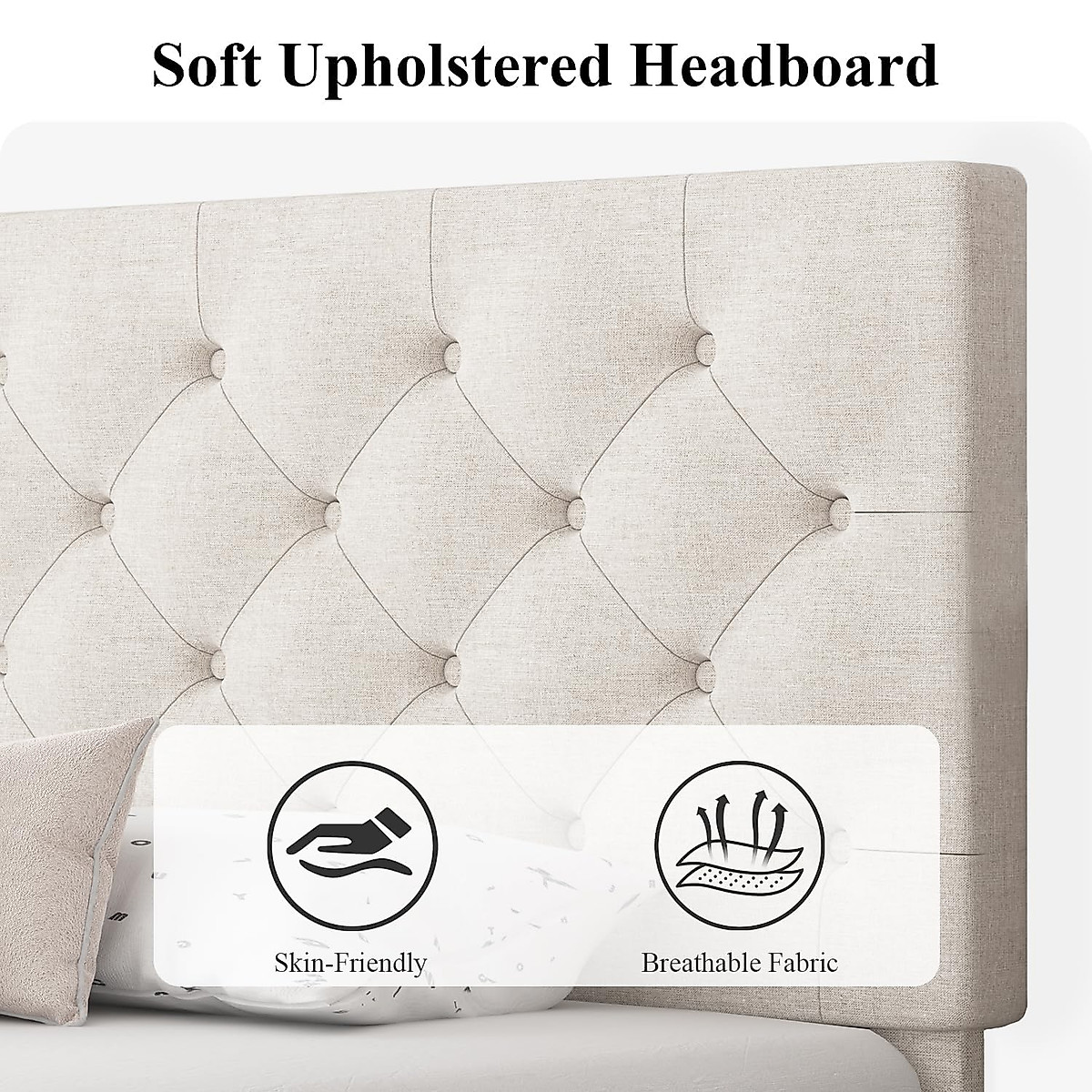 HOMBCK Queen Bed Frame with Headboard, Linen Fabric Upholstered Bed Frame Queen, Wood Slats Support, Button Tufted, No Box Spring Needed, White