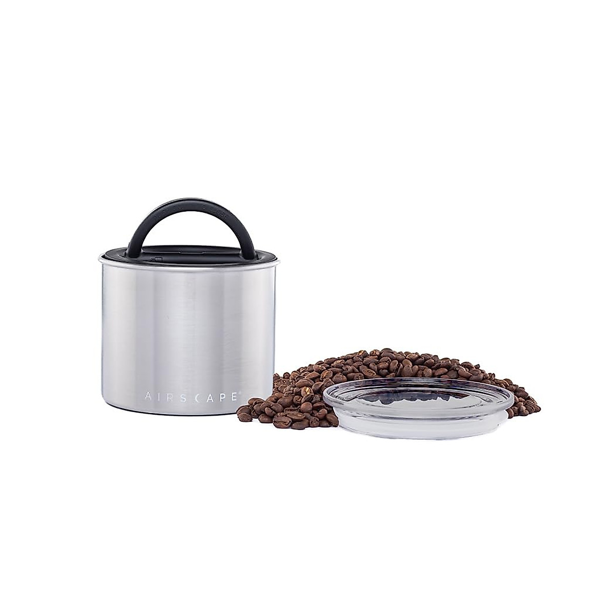 Planetary Design Airscape Stainless Steel Coffee Canister | Food Storage Container | Patented Airtight Lid | Push Out Excess Air Preserve Food Freshness (Small, Brushed Steel)