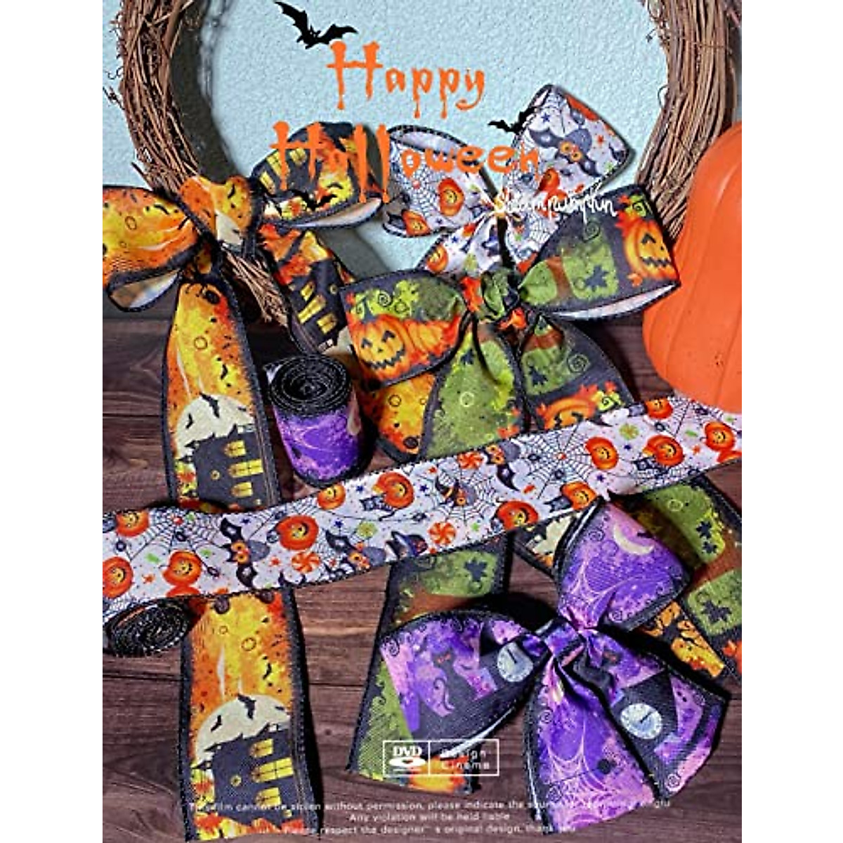 4 Rolls 2.5 Inches Halloween Wired Ribbons for Craft-20 Yards Orange Black Purple Halloween Ribbon,Pumpkin Spiders Castles Cobwebs Bats Witches Printed Ribbon for Wreath Decor Bow Making Home Decor