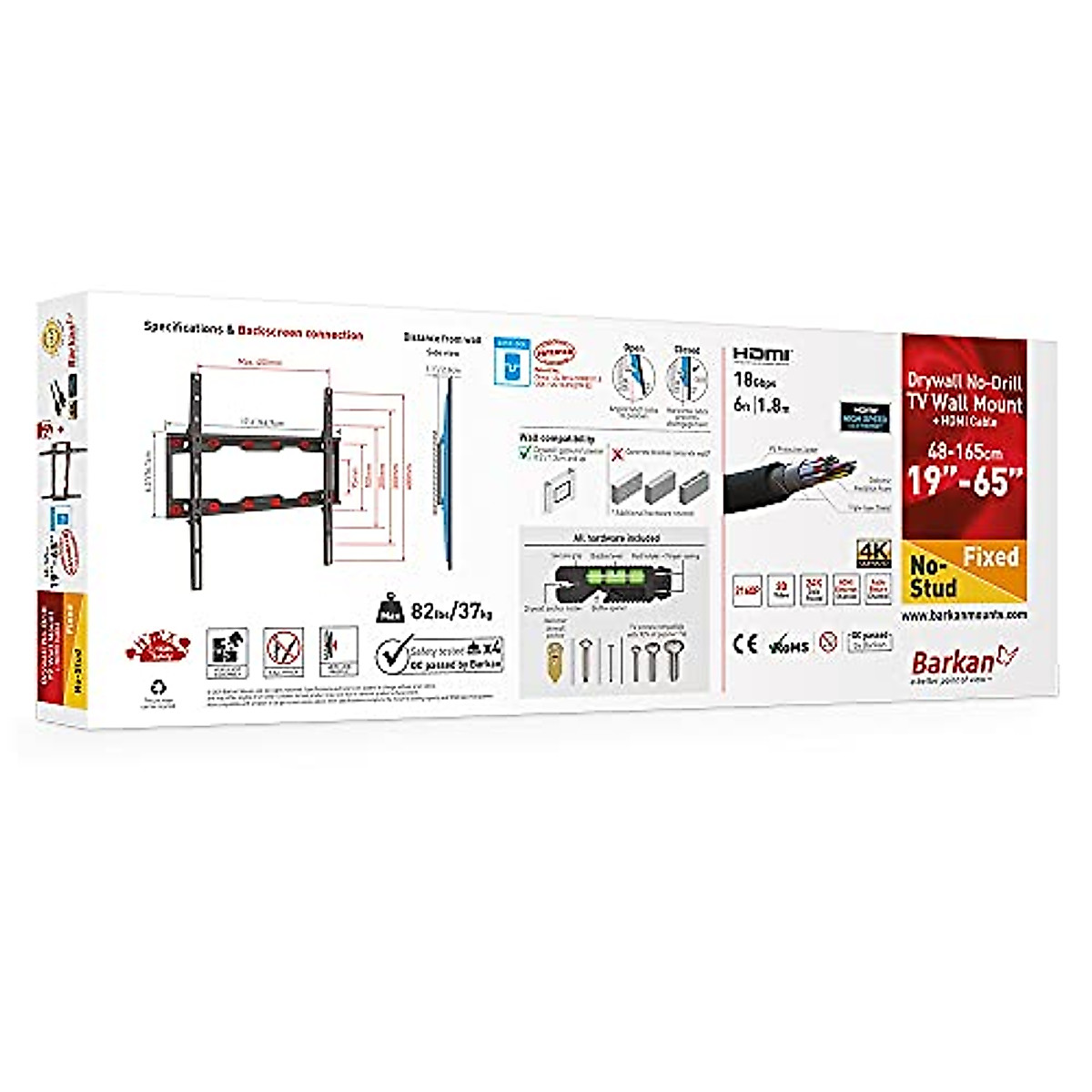 Barkan TV Wall Mount, 19 - 65 inch Fixed, Drywall No Stud No Drill Screen Bracket, Holds up to 71lbs, Auto Lock Patented, 5 Year Warranty , Fits LED OLED LCD, Including 6 ft 4K HDMI Cable Black