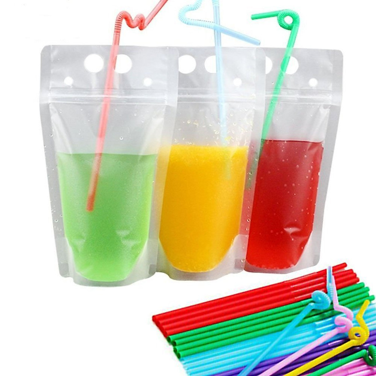 Herdro 100 Pack Clear Drink Pouches Bags with Straws - Reclosable Zipper Stand-up Plastic Pouches Bags Drinking Bags - 9.1" x 5.2"/17 Oz