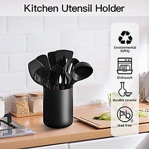 SmartHom Large Utensil Holder for Kitchen Counter, Matte Black Cooking Utensils For Countertop, Modern Ceramic Spatula Crock, Rustic Porcelain Jar Farmhouse Décor 5.5 * 7.2 IN (UH-01)