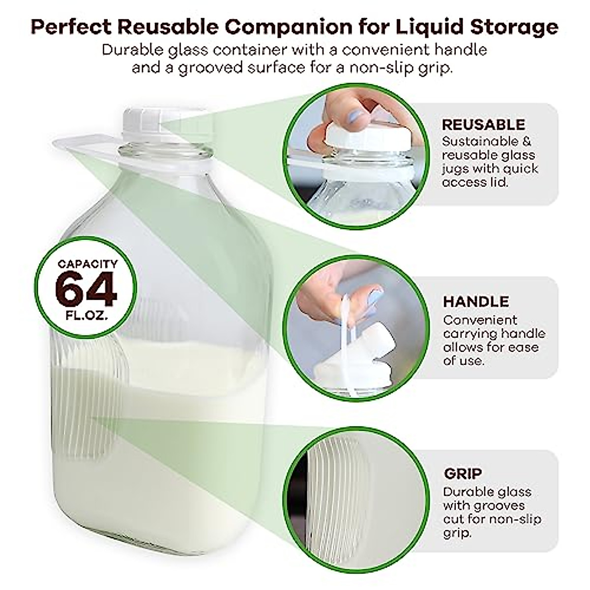 The Dairy Shoppe Heavy Glass Milk Bottles - Jugs with Lids and Extra Silicone Pour Spout - Clear Milk Containers for Fridge - Reusable Glass Milk Jug Dispenser - Made in USA (64 oz, 2 Pack)