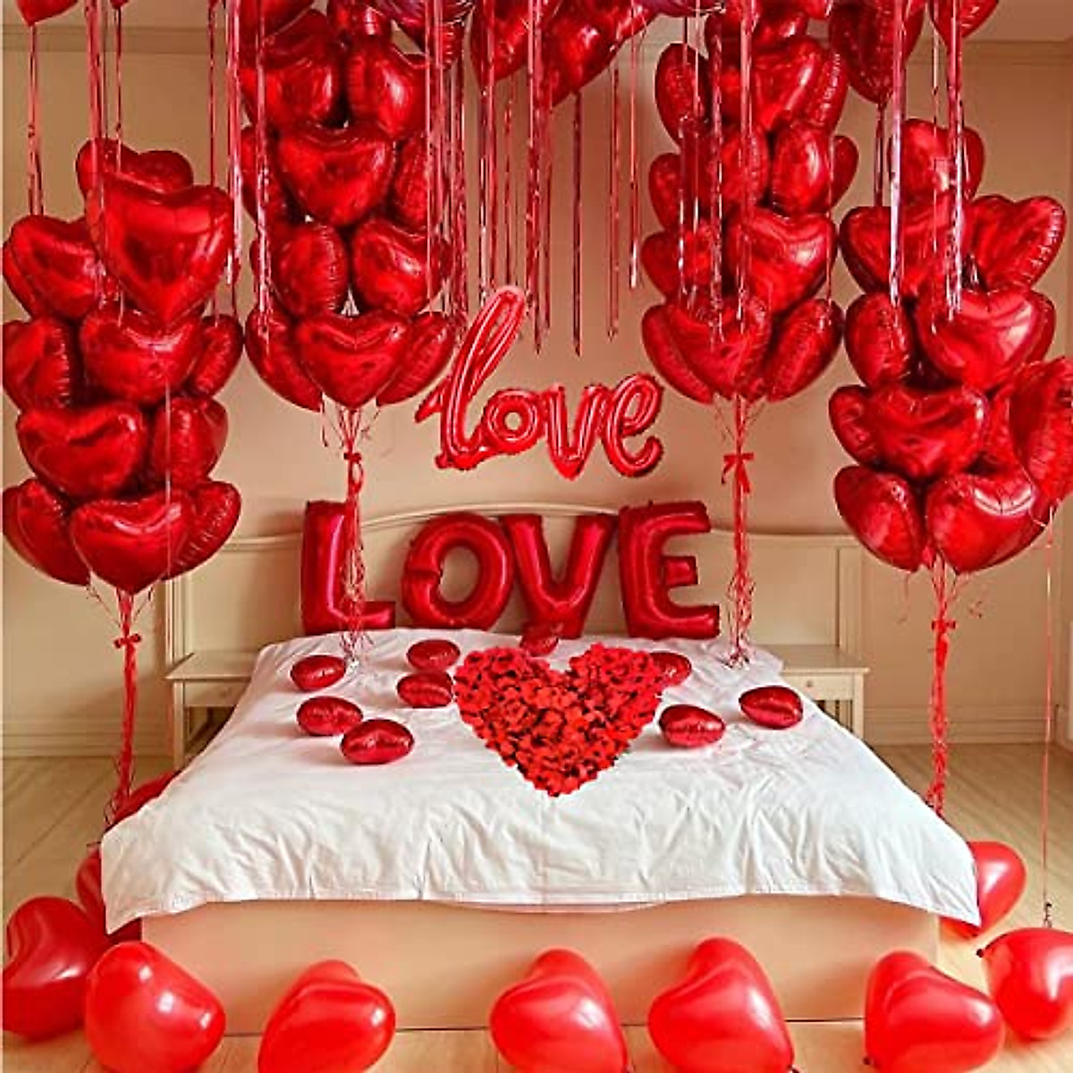 Valentines Day Party Decorations Set - 36 Inch Love Foil Balloon, 2pcs 18inch Foil Heart Balloon, 18pcs 10inch Heart Balloons and 1000 Pcs Rose Petals for Valentines Anniversary Bedroom Decorations