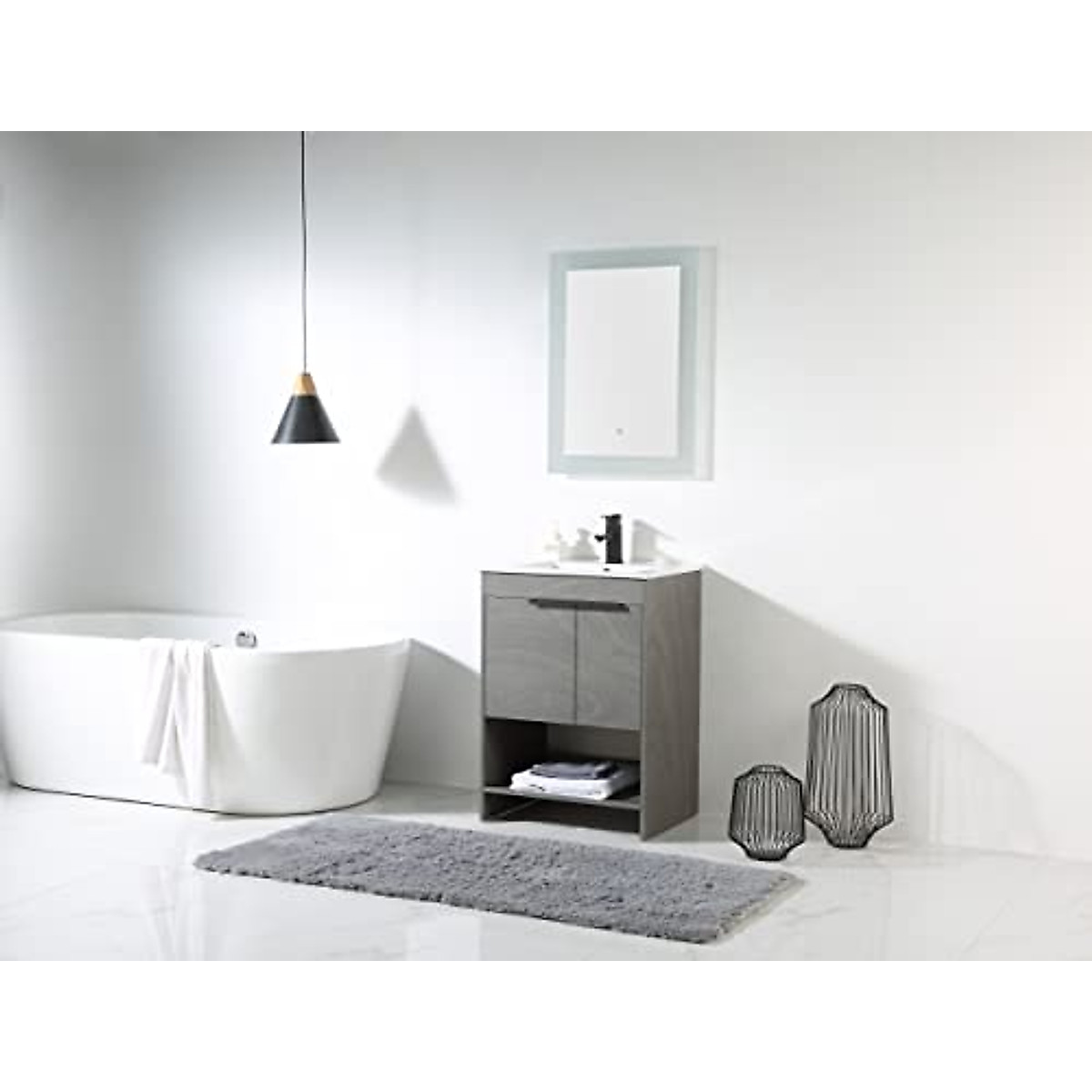 Fine Fixtures Bathroom Vanity with Integrated Ceramic Sink - Bathroom Vanity with Sink & Modern Knob Design - Bathroom Vanities with Sturdy Marble Top & Soft Closing Doors (24 Inch) Grey