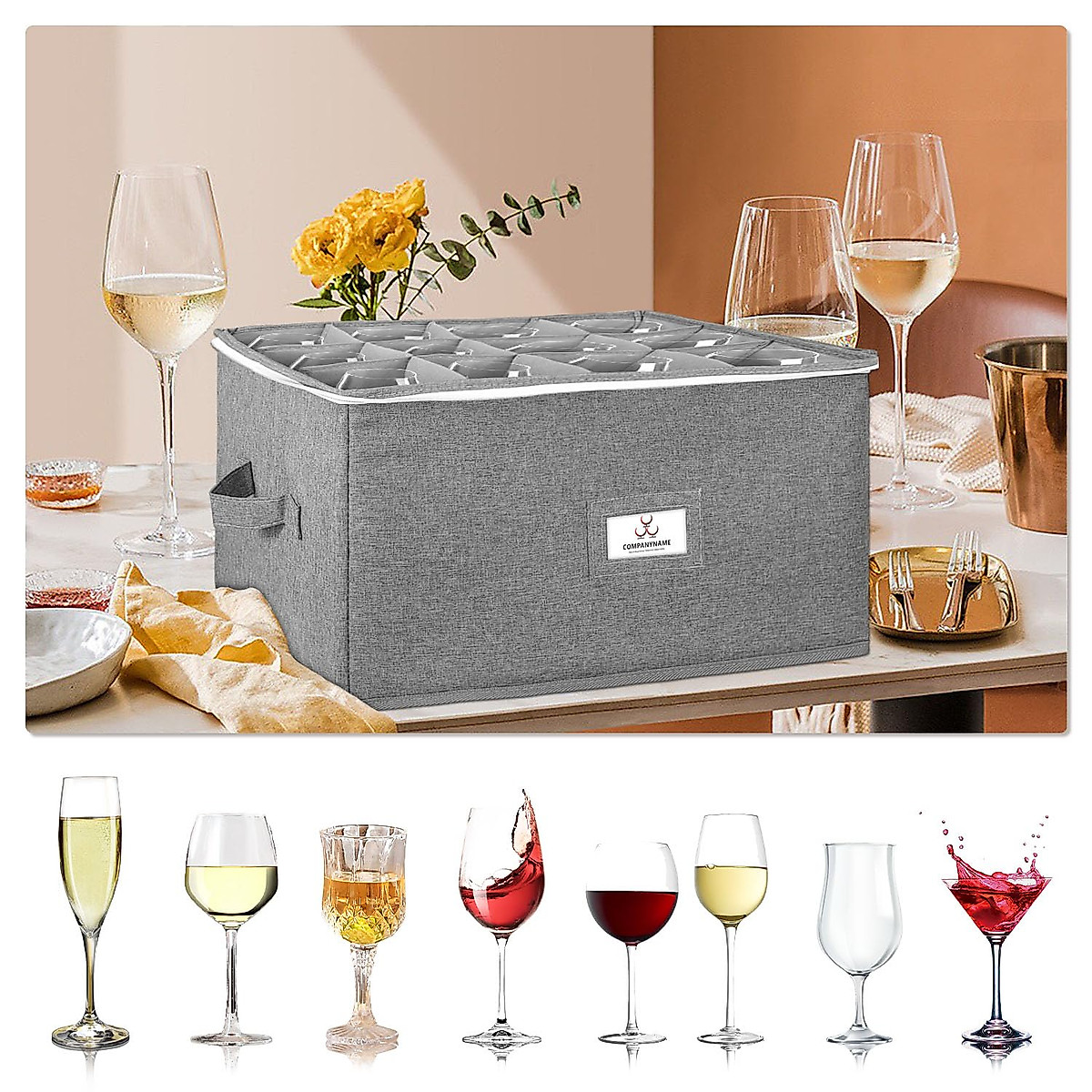 BOHEMIABY Wine Glass Storage Box with Dividers, Glassware Storage Containers-Holds 12 Red or White Wine glasses, Champagne Flutes, Crystal, Hard Shell and Stackable, Label Window