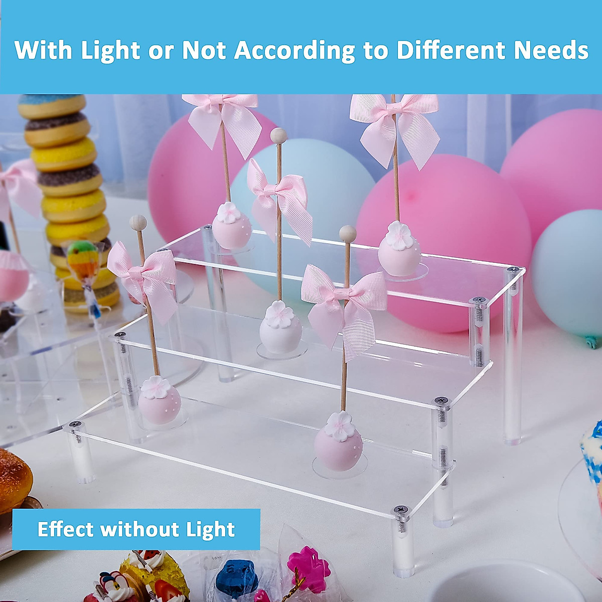 YestBuy 3 Tier Shelf Cake Pop Stand (Blue) + 4 Tier Premium Cupcake Holder – Acrylic Cupcake Tower Display – Cady Bar Party Décor – Acrylic Display for Pastry Weddings, Birthday(Colorful Light)