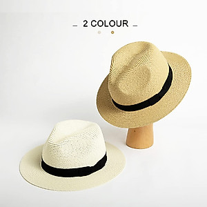 Comhats Men Sun Straw Fedora Hat for Women,Packable Beach Hat Wide Brim Panama Hat UV UPF 50+ Summer Hat Unisex Beige Large XXL