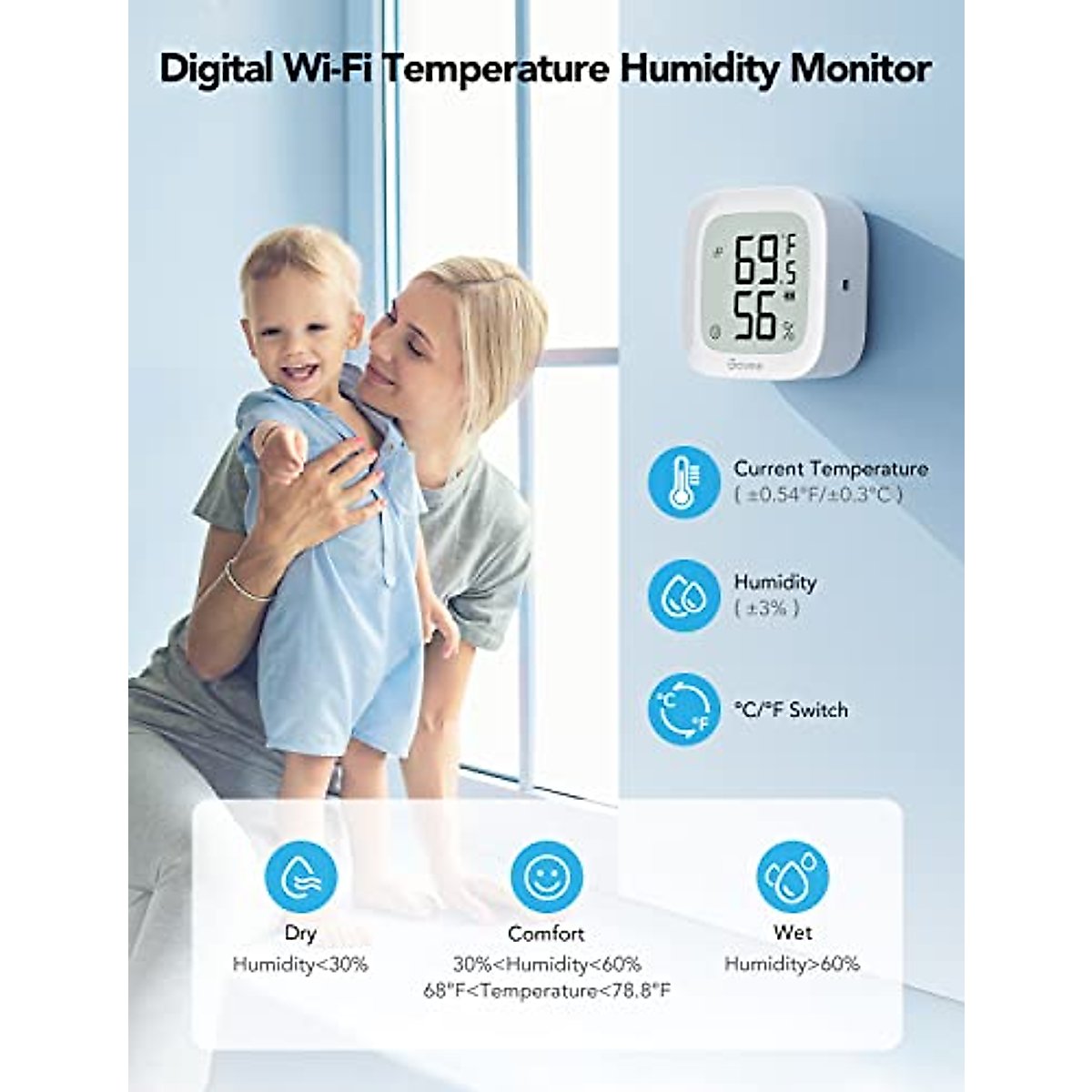 Govee WiFi Thermometer Hygrometer H5103, Indoor Bluetooth Temperature Humidity Sensor with Electronic Ink Display, App Notification Alert, Free Data Storage Export, Digital Remote Monitor for Bedroom