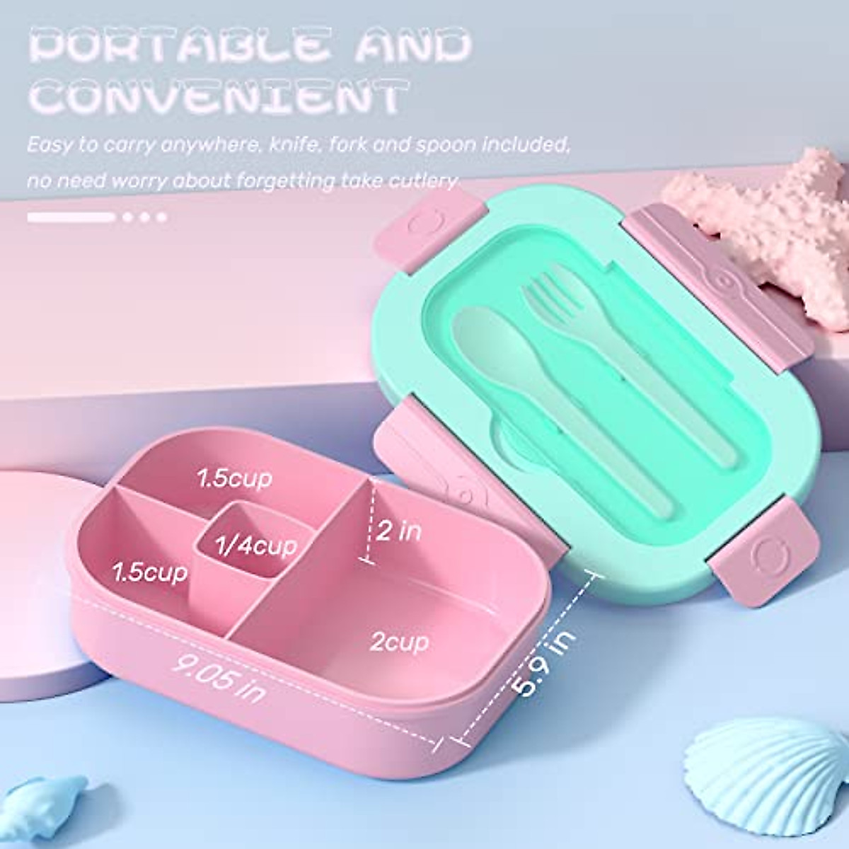 TEVIKE Kids & Adults Bento Lunch Box-4 Compartment Leak-Proof Food Containers with Fork & Spoon, BPA Free, Bento Adult Lunch Box for Work School, Microwave & Dishwasher Safe (Misty Mint-Pk)