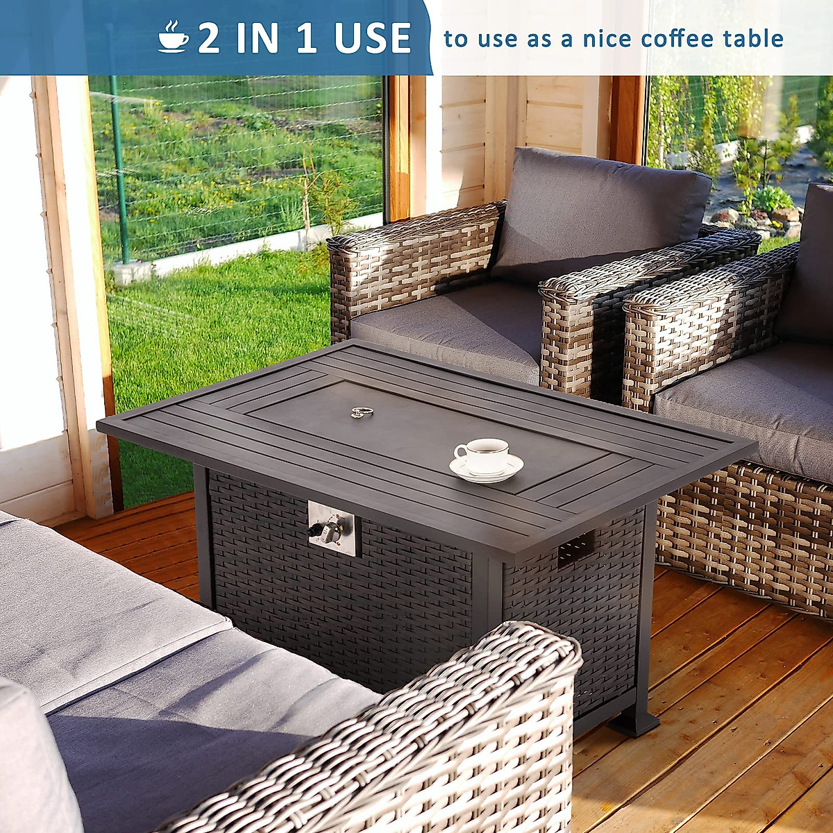 UDPATIO 8 Piece Patio Furniture Sets with Fire Pit Table, Rattan Outdoor Patio Furniture Sofa Sectional w/Gas Fire Pit, Coffee Table, 2 Waterproof Covers,for Patio Back Deck, Balcany, Poolside,Cream