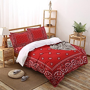 MAIJIEDUO Bandana Red Damascus Rug Style Duvet Cover Set, Queen Girly Bedding Sets, Coverlet Set Decorative Quilted 3 Piece, Ultra-Soft Comforter Cover with 2 Pillowcases All Season(90*90inch)